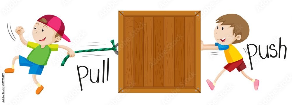 Boy pulling and pushing wooden box Stock Vector | Adobe Stock