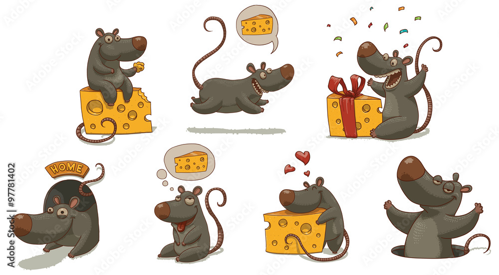 Vector Mouse and cheese set. Cartoon image of seven funny gray mice ...