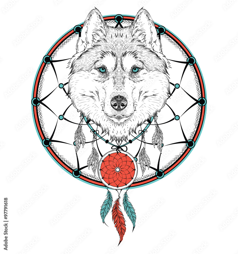 animal hand drawn illustration, wolf indian warrior, native american ...