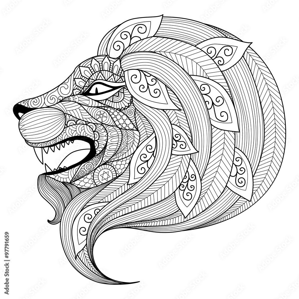 Drawing angry lion for coloring book for adult Stock Vector | Adobe Stock
