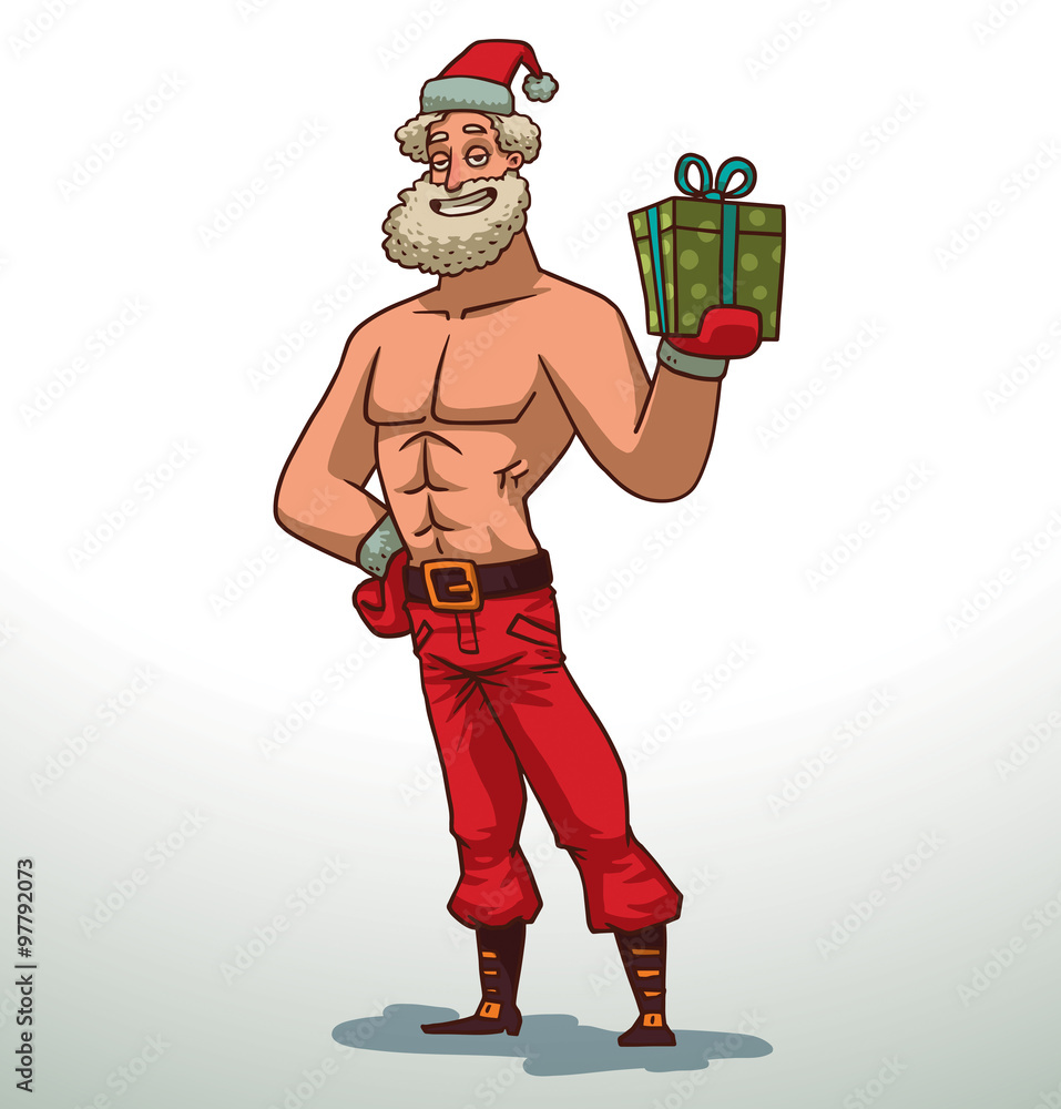 Vector cartoon image of strong Santa Claus with a white beard and ...