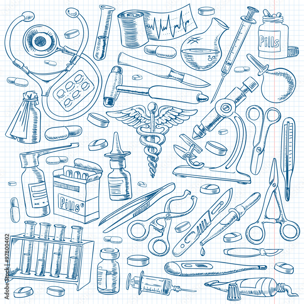 Medical equipments and tools in the freehand drawing style Stock Vector ...