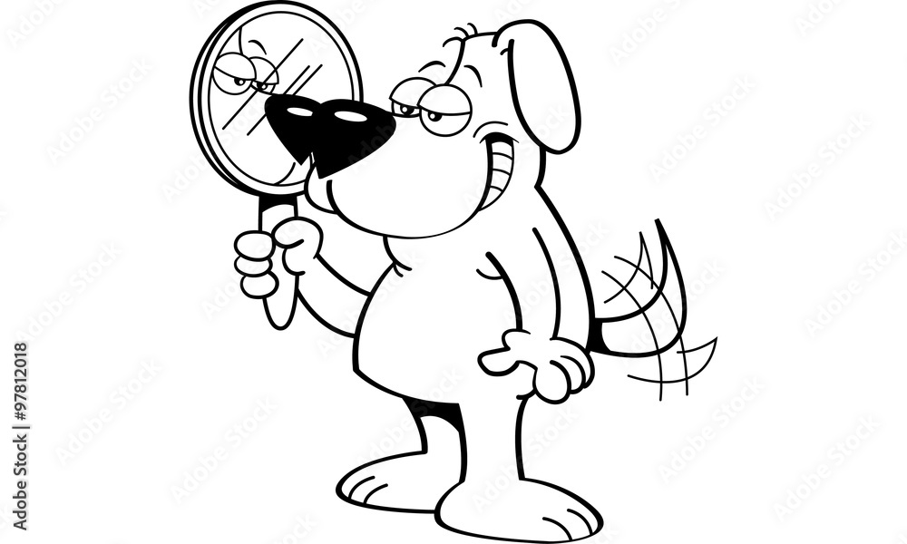 Black and white illustration of a dog looking into a mirror. Stock ...