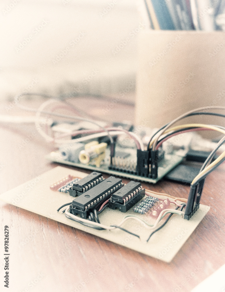 Vintage style photo of tabletop experiment with Raspberry Pi and home ...