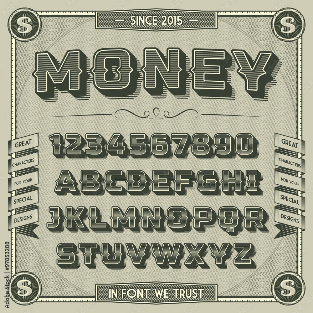 Vintage Money Font with shadow. Retro 3D Alphabet with decorative ...
