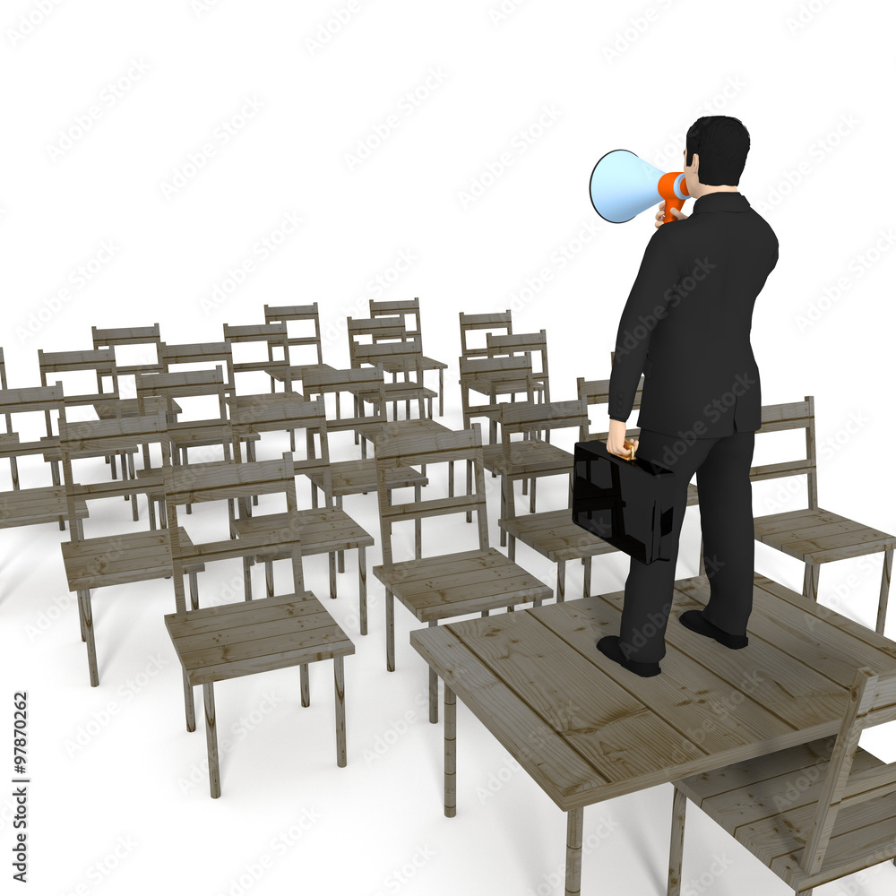 Businessman with megaphone speaking to empty chairs Stock Illustration ...