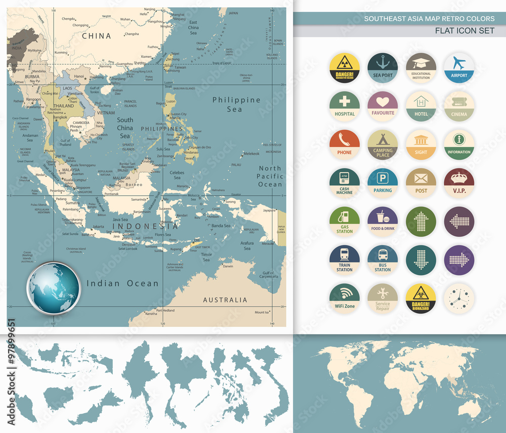 Southeast Asia Detailed Map and Flat Icon Set.Retro Colors Stock Vector ...