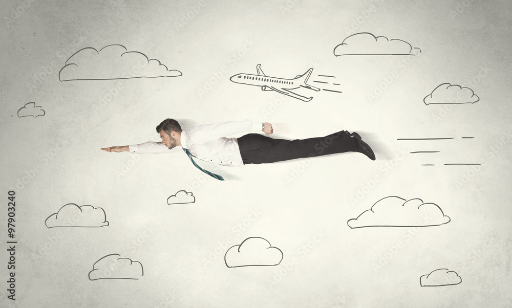 Cheerful business person flying between hand drawn sky clouds Stock ...