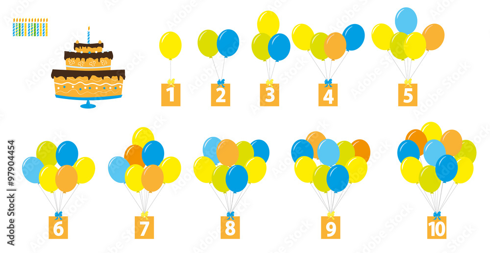 collection of cartoon birthday party balloons, birthday cake and ...