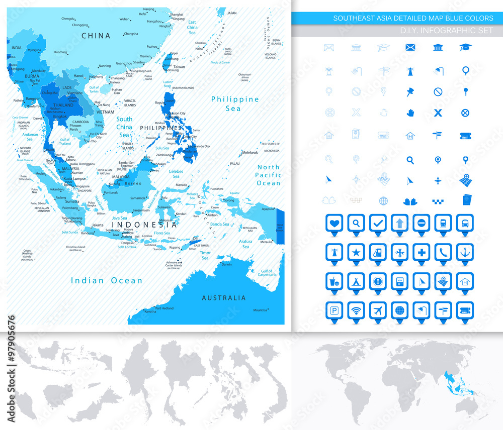 Southeast Asia Detailed Map Blue Colors And Map Pointers Set Stock ...