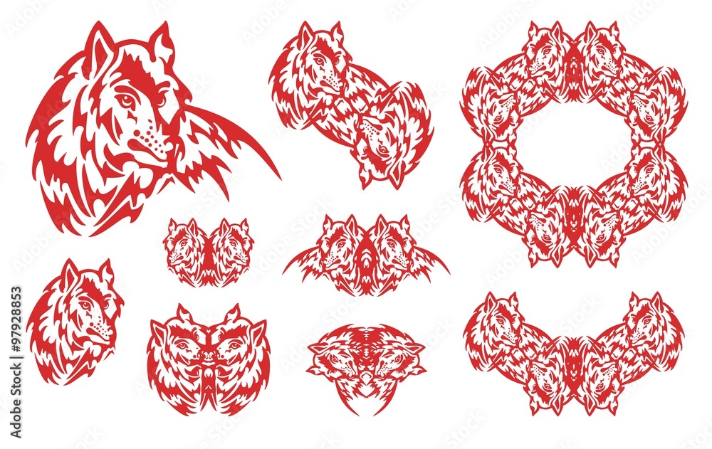 Red wolf symbols. Set of the flaming symbols of the wolf head and wolf ...