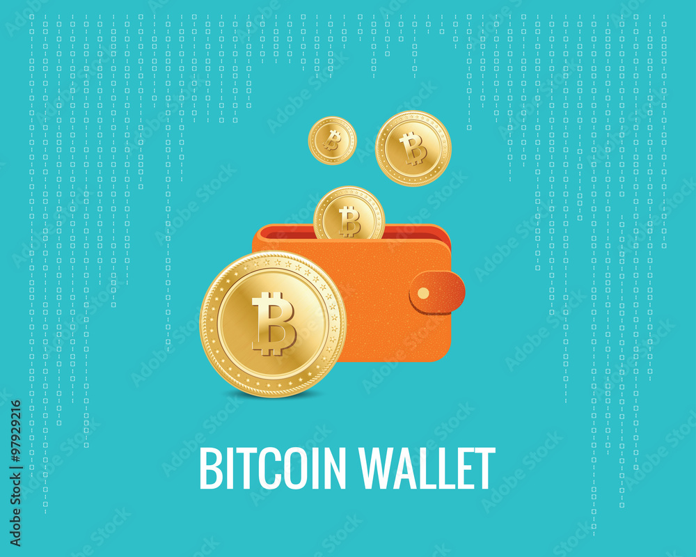 bitcoin wallet illustration with coin icons on the digital blue ...