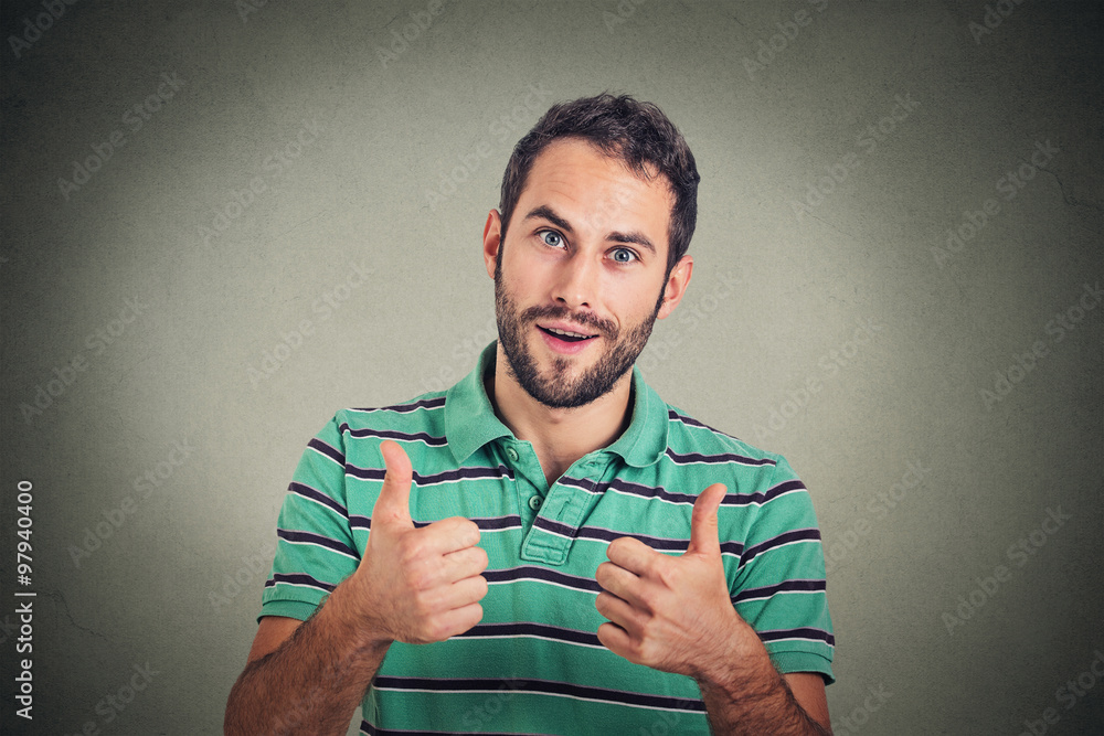 Happy man giving thumbs up sign. Positive human face expression body ...