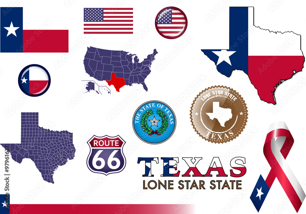 Texas Icon Set. Set of vector graphic images representing symbols and ...
