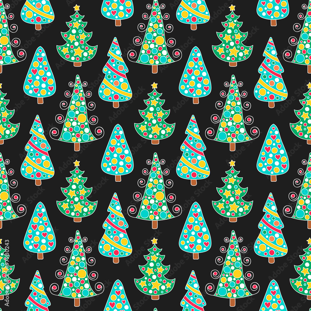 Christmas tree pattern. Hand drawn vector pattern with doodle christmas ...