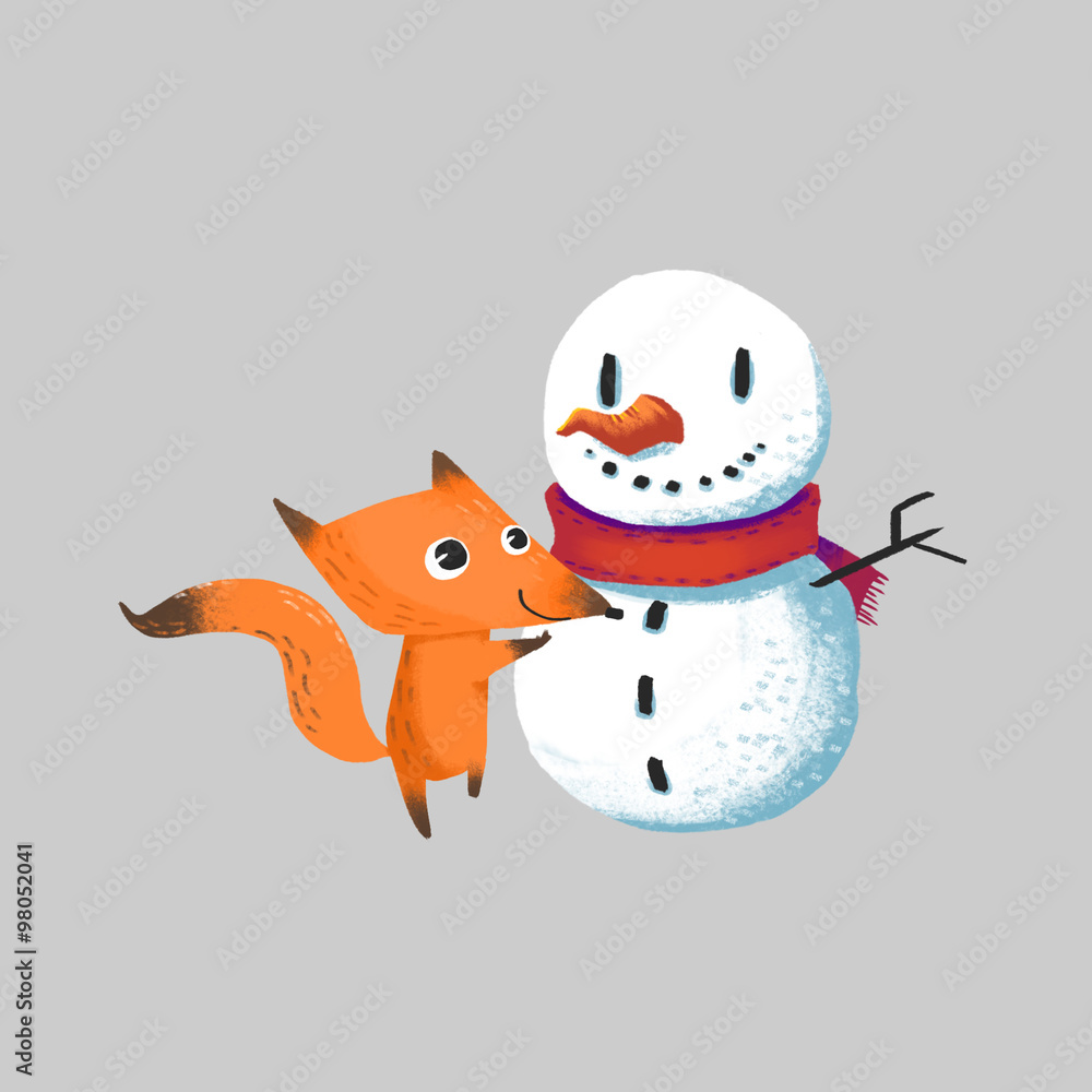 Illustration for Children: The Little Snow Man and Little Fox isolated ...