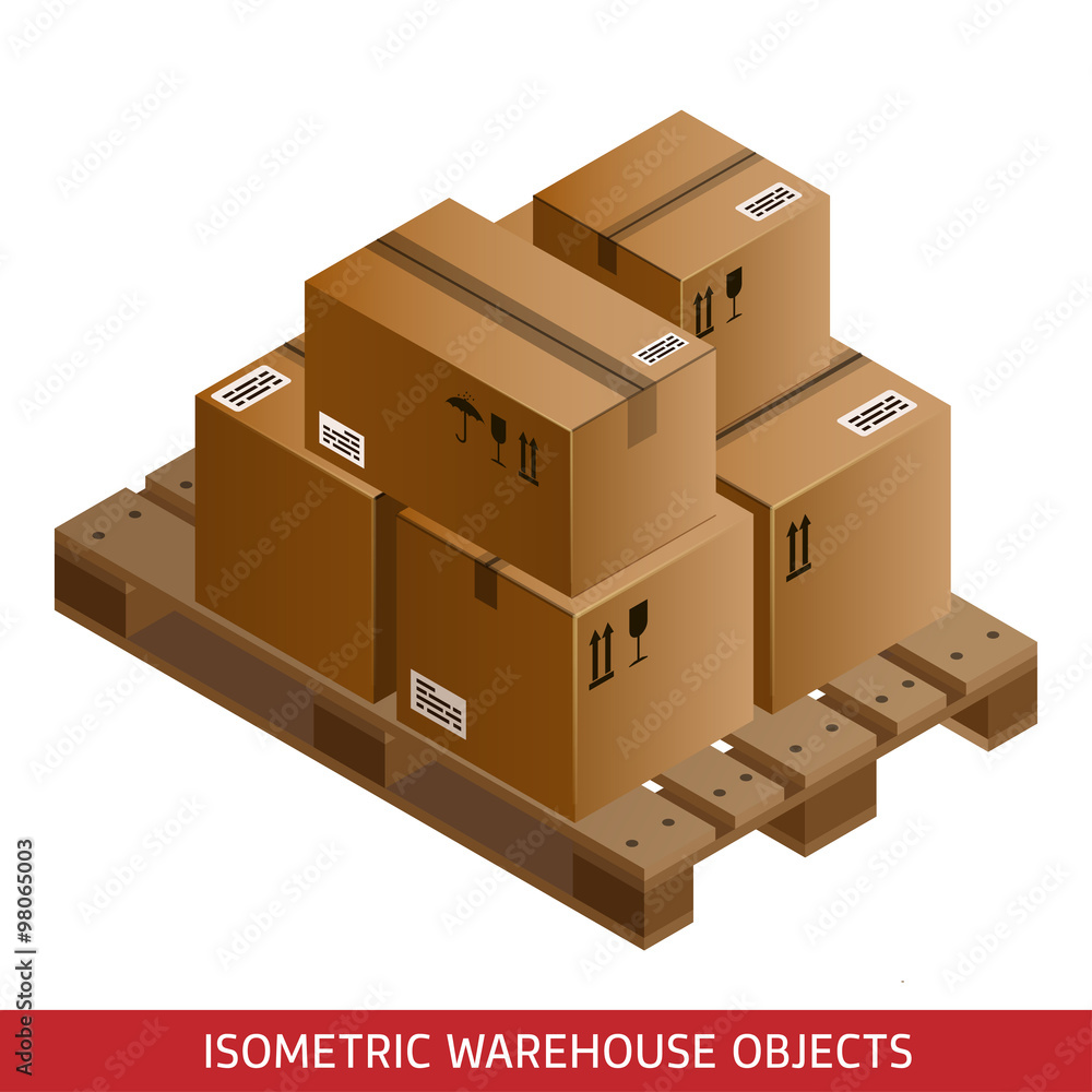 Set of isometric cardboard boxes and pallet. 3D warehouse equipment ...