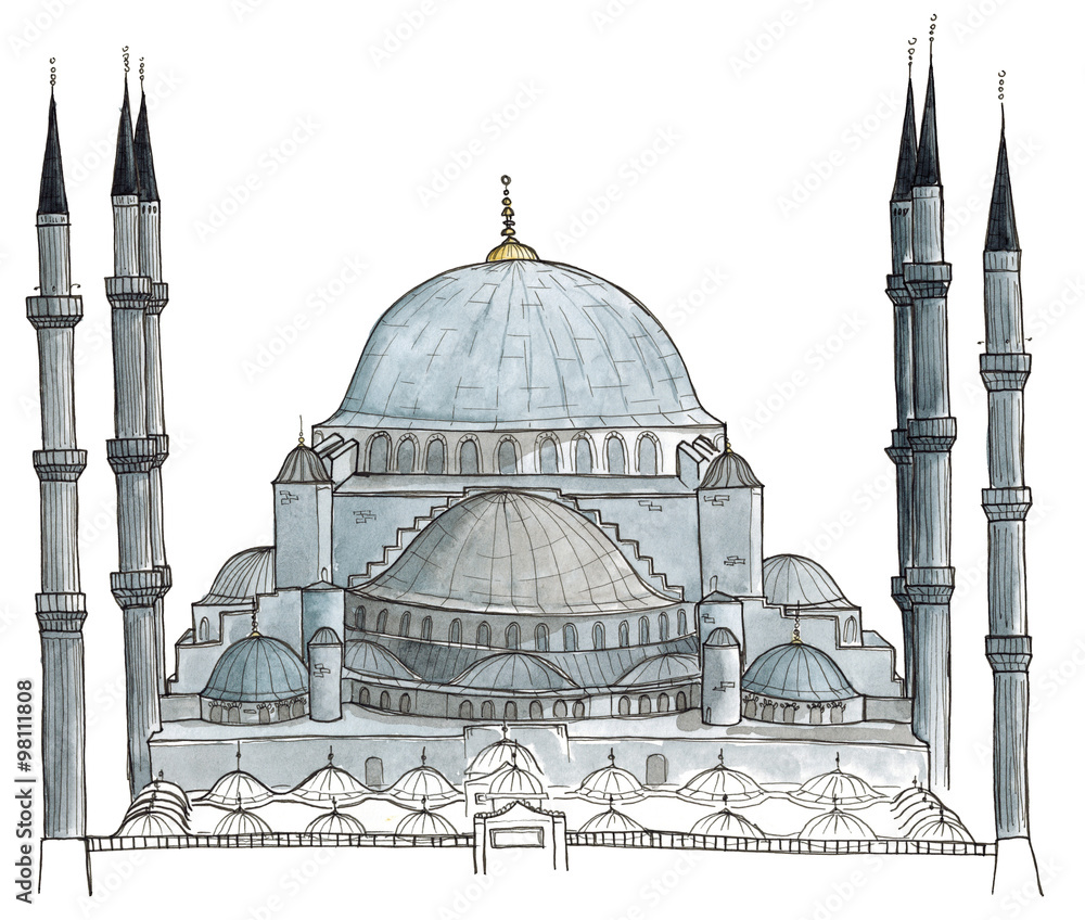 Watercolor Hand drawn architecture sketch of Turkey Istanbul Blue ...