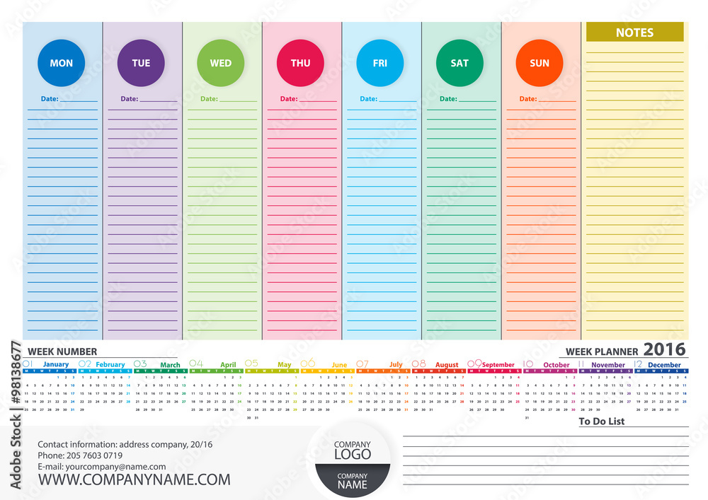 Calendar 2016 Colorful Week Planner Vector Design Template Stock Vector ...