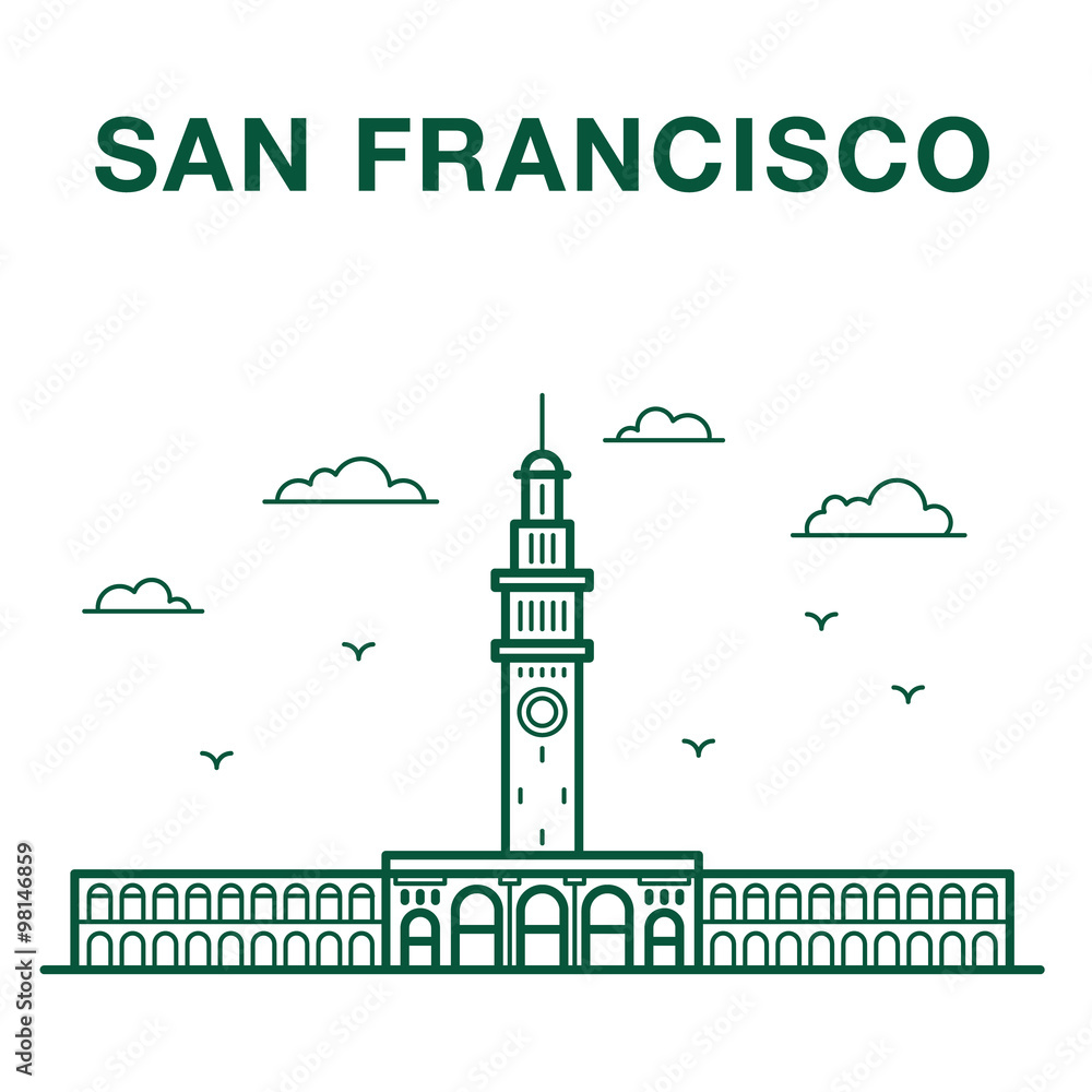 San Francisco Ferry Building Line Art Illustration Stock Vector | Adobe ...