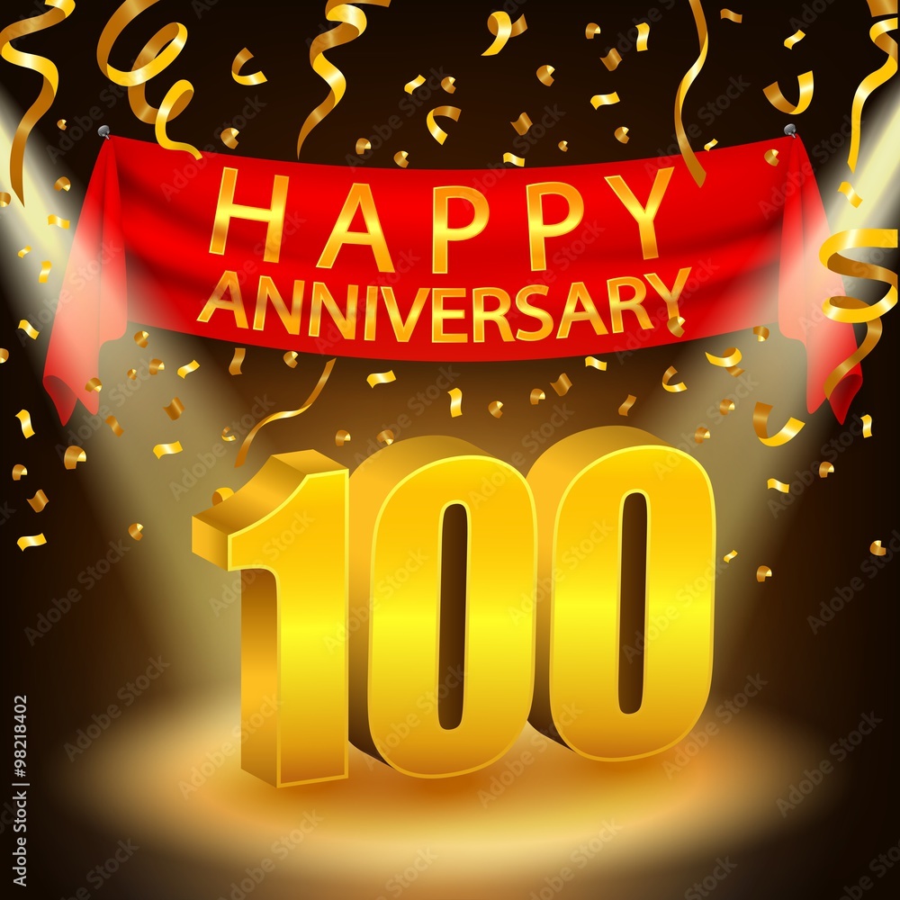Happy 100th Anniversary celebration with golden confetti and spotlight ...