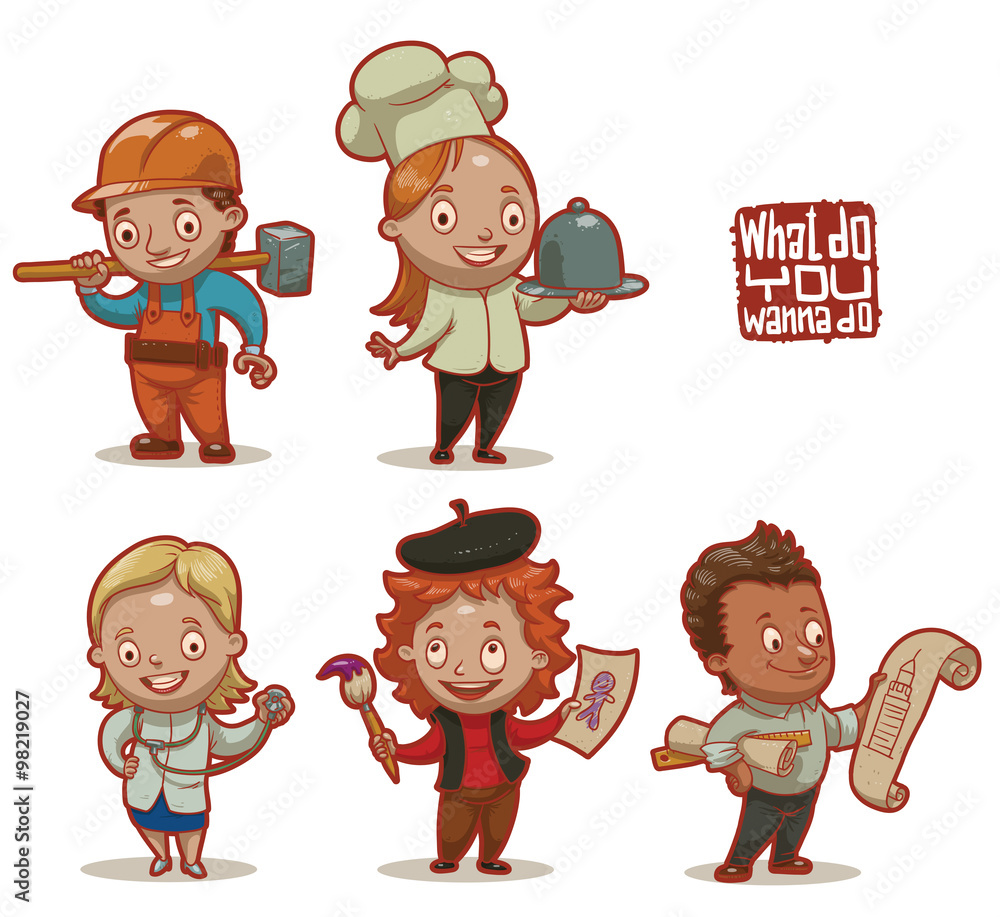 Vector Set of children different occupations. Cartoon image of five ...