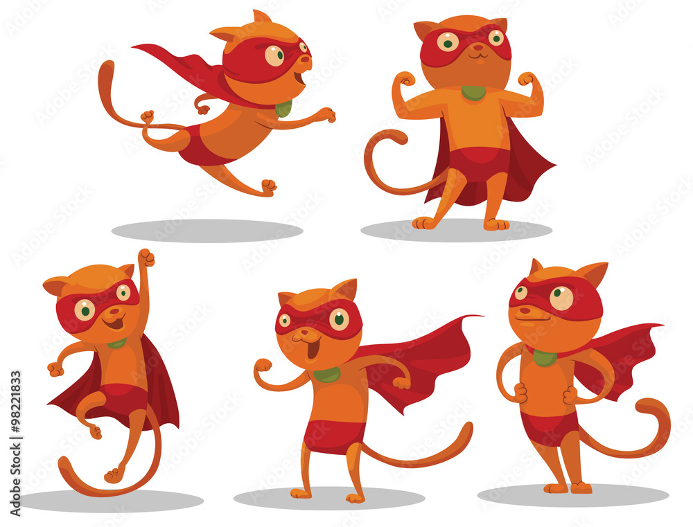 Vector Set of Superhero Cats.Cartoon image of five funny red cats in ...