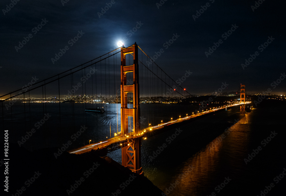 San Francisco Bridge At Night With Moon