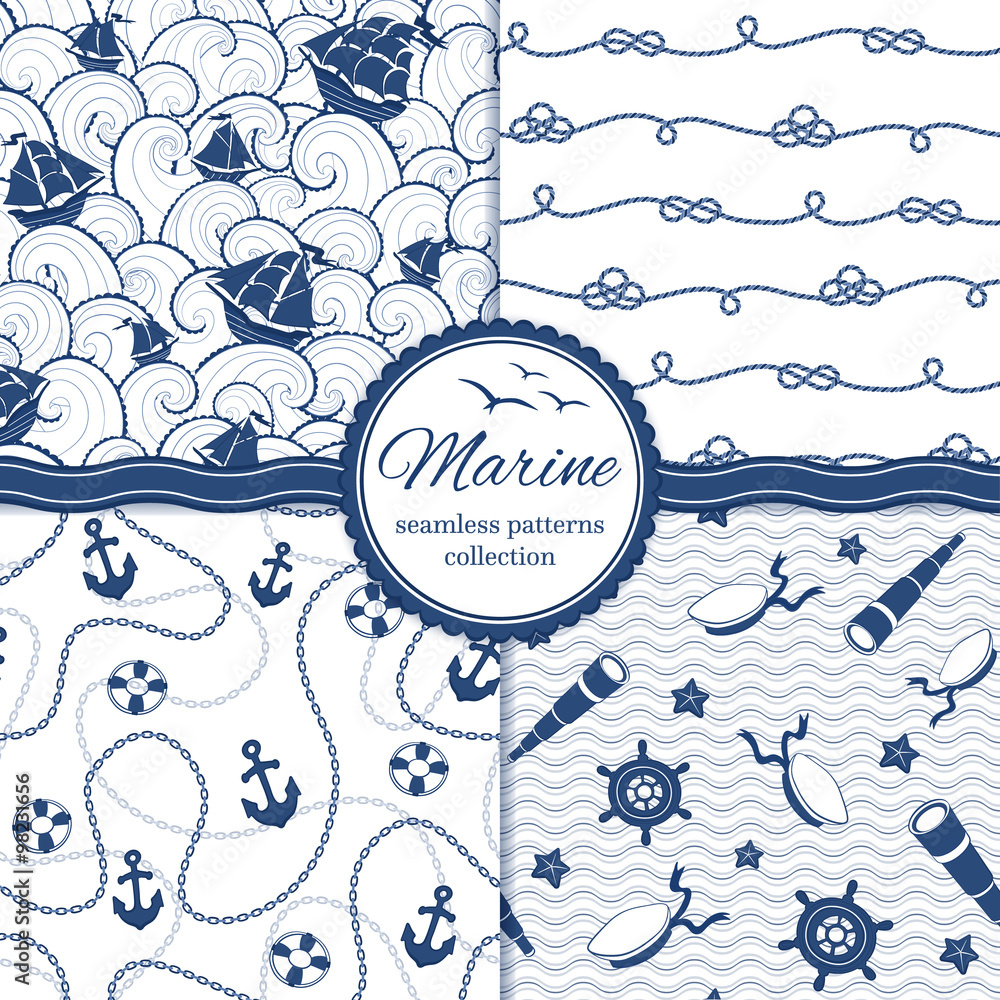 Marine vector patterns set. Ships and waves. Anchors and chains. Ropes ...