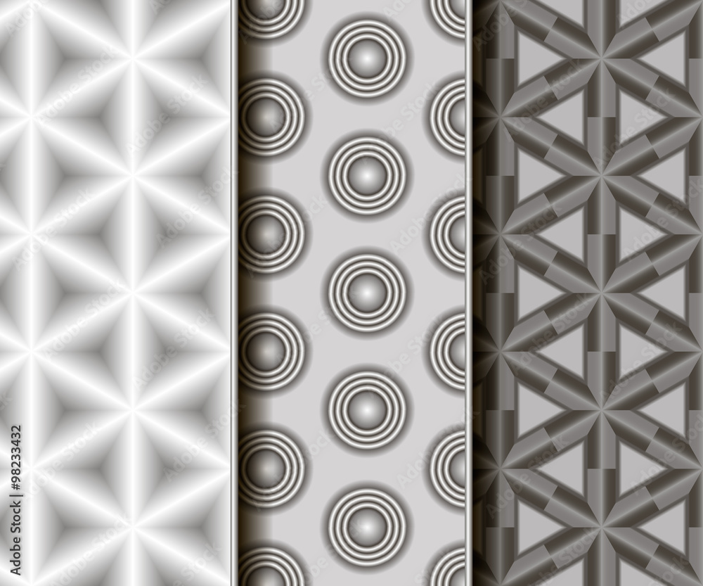 3 different vector seamless patterns. Geometric different 3D shape ...