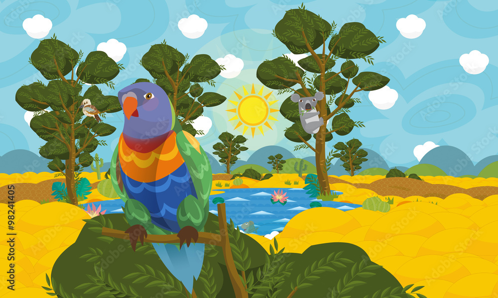 Cartoon australian animal scene - rainbow lorikeet - illustration for ...