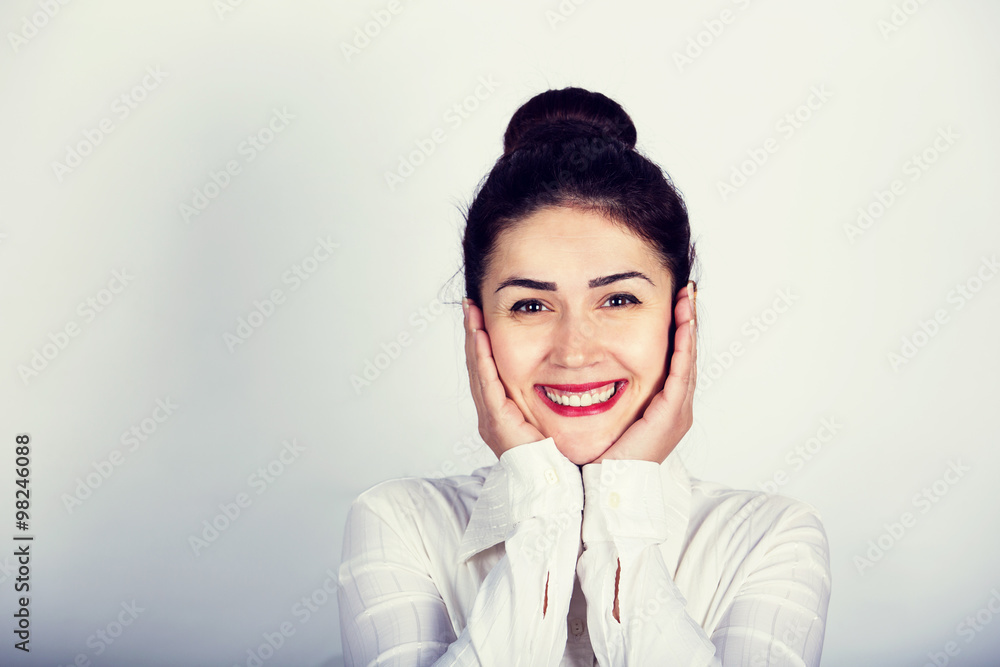 Happy girl excited,Young woman smiling very happy surprised holding ...