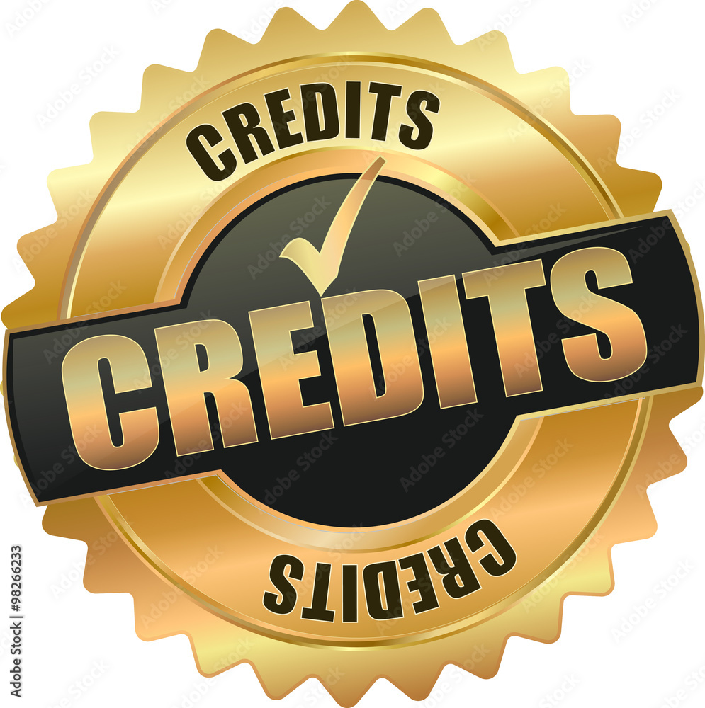 golden shiny vintage credits 3D vector icon seal sign button shield ...