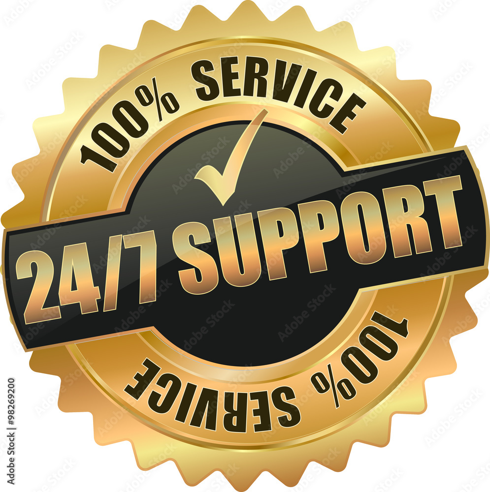 golden shiny vintage 24/7 support 3D vector icon seal sign button star ...