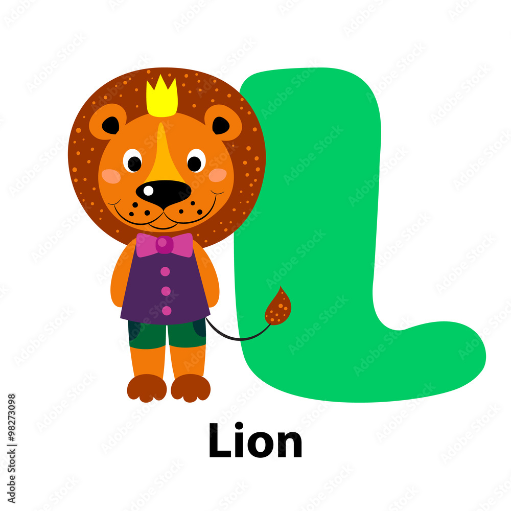 Letter L - lion. Alphabet with cute animals. Vector illustration Stock ...