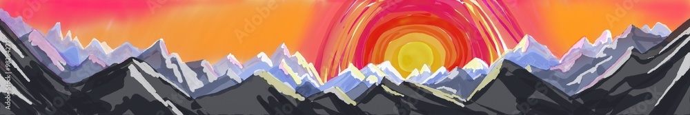 mountain sunrise or sunset, digital abstract art painting of rugged ...