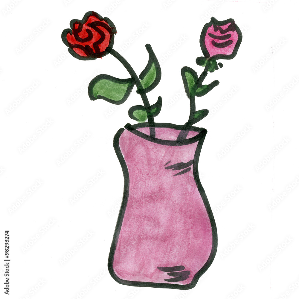 cartoon roses in a vase isolated on white background cartoon watercolor ...