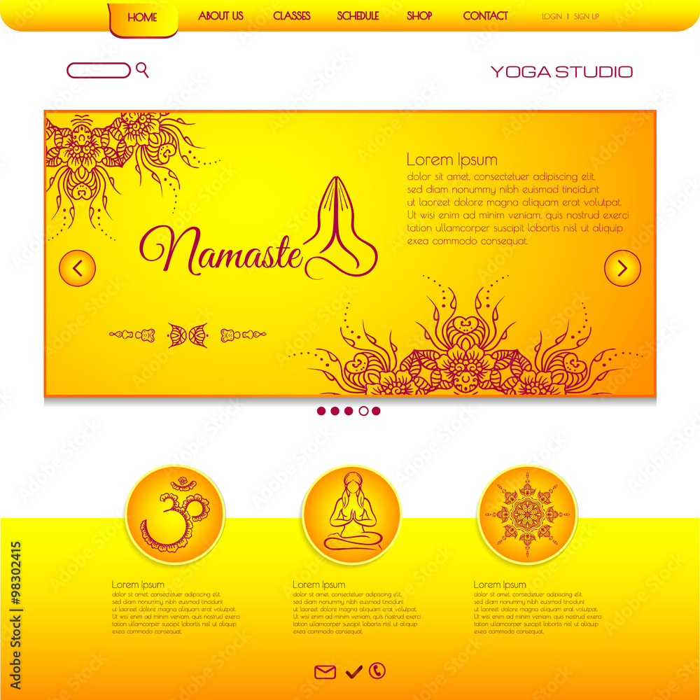 Website Template Yoga card with floral henna Mehndi design Om Aim ...