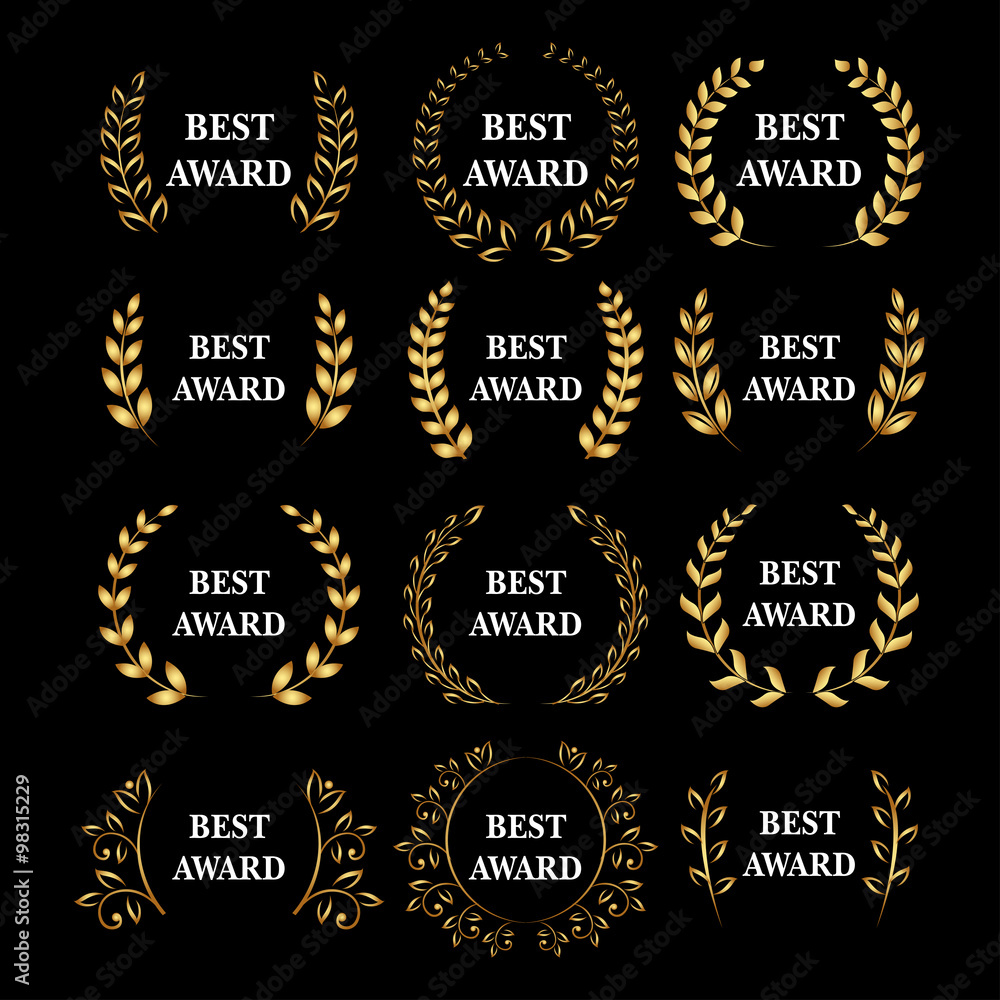 Best award Vector gold award laurel wreath set. Winner label, leaf ...