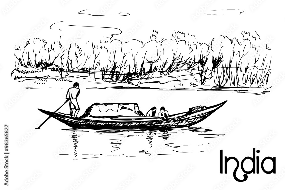 Hand drawn transportation small boat with people Stock Vector | Adobe Stock
