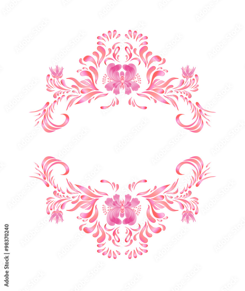 Round frame with pink flowers on white background in pastel pink colors ...