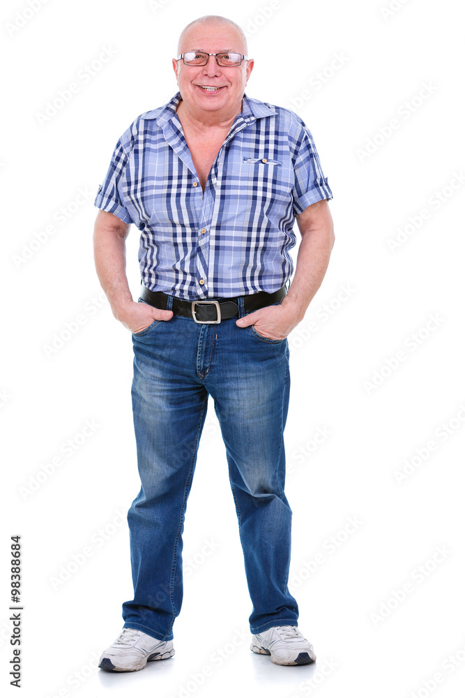 Full length portrait of Happy and white teeth smile 75 years old senior ...