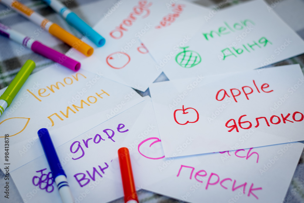 Russian; Learning New Language with Fruits Name Flash Cards Stock Photo ...
