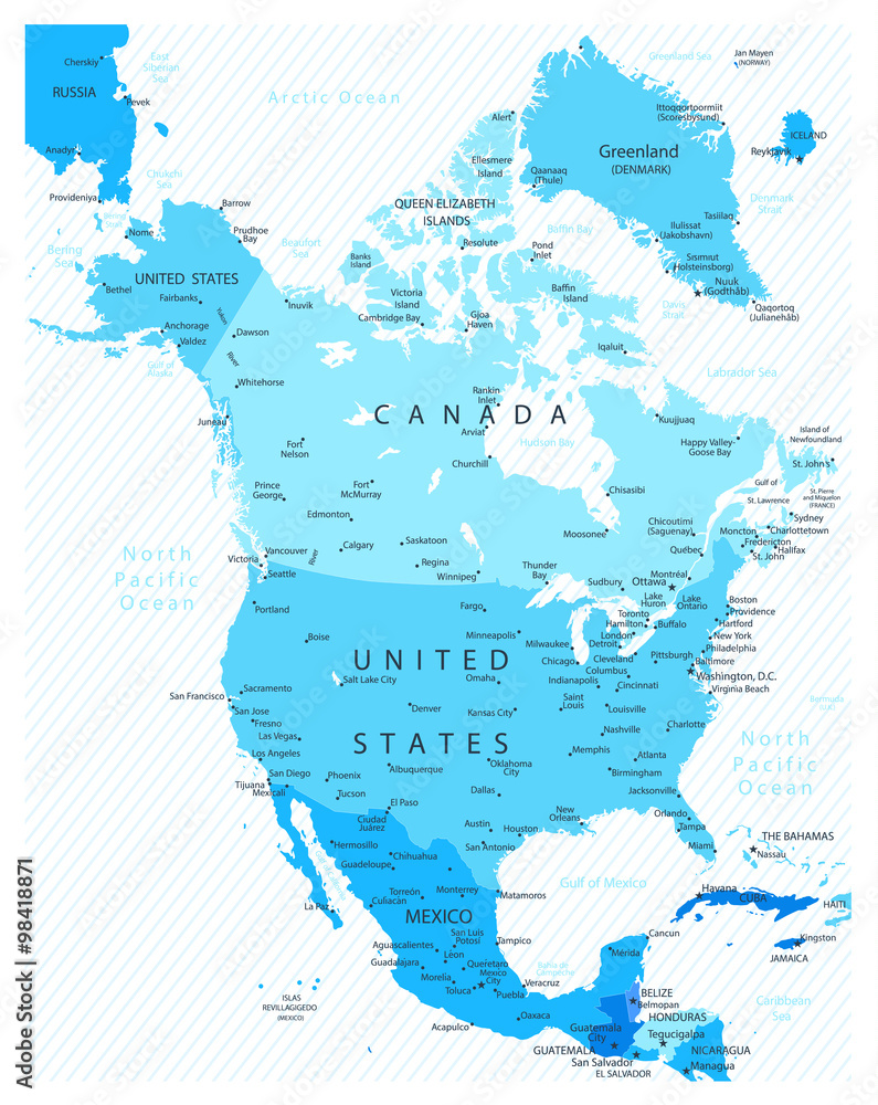 North America Detailed Map Blue Colors Stock Vector | Adobe Stock