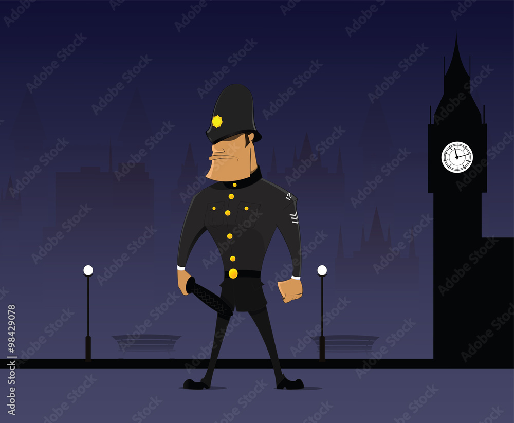 Traditional English bobby in helmet and black uniform. Vector image ...