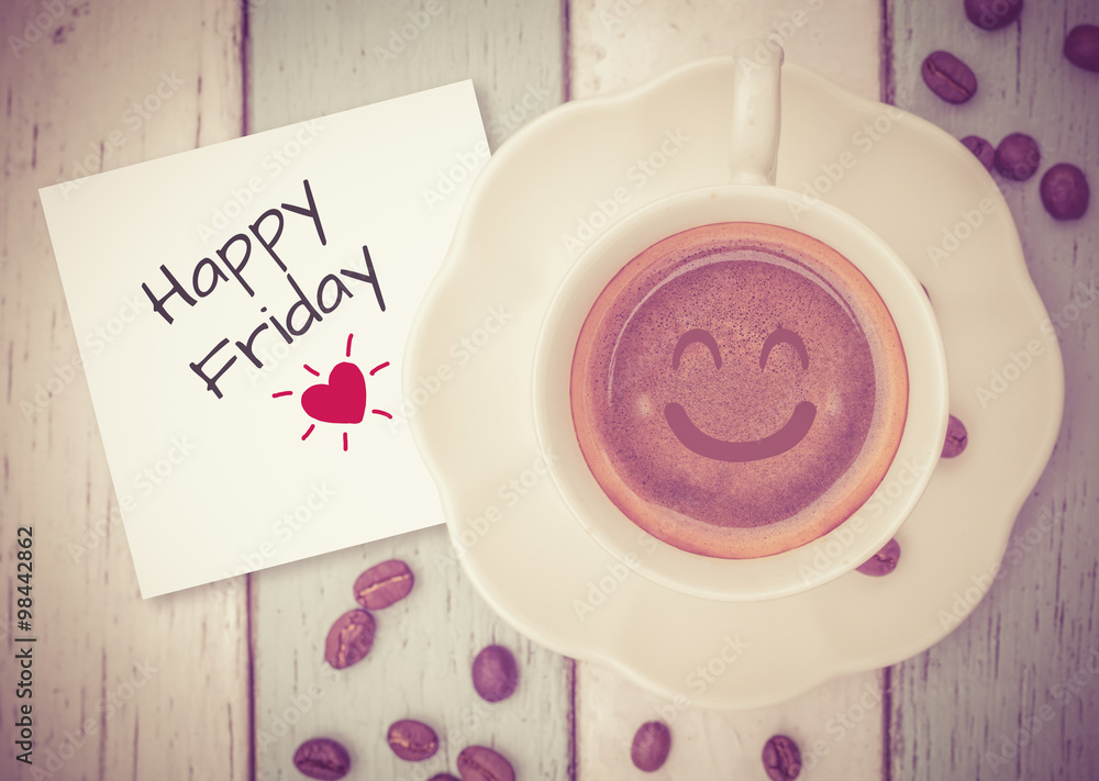 Happy Friday with coffee cup on table Stock-Foto | Adobe Stock