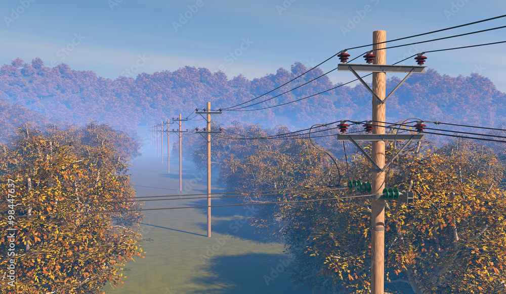 Power lines in a forested area. Electrical transmission lines in a ...
