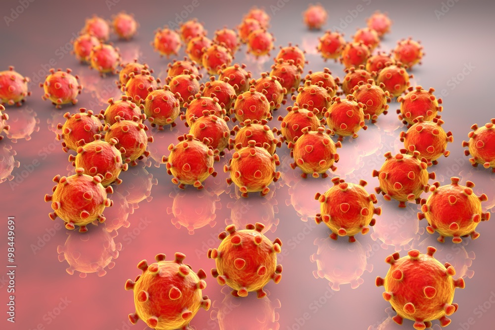 Background with viruses. Microscopic view of influenza virus ...