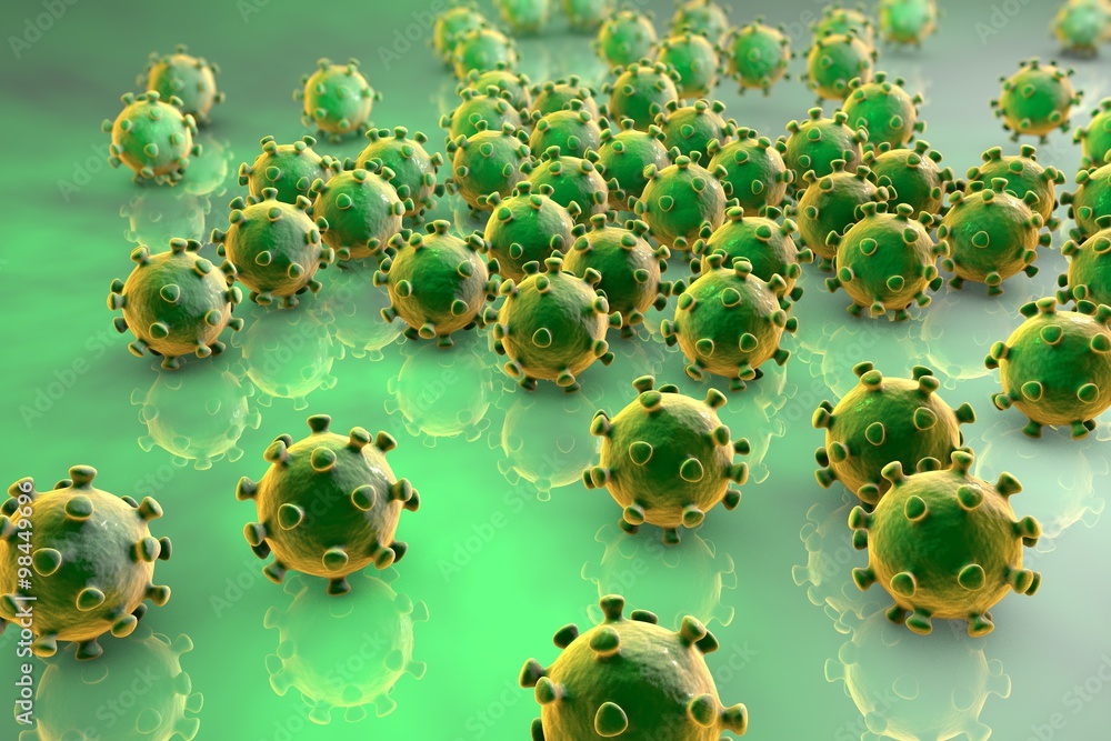 Background with viruses. Microscopic view of influenza virus ...
