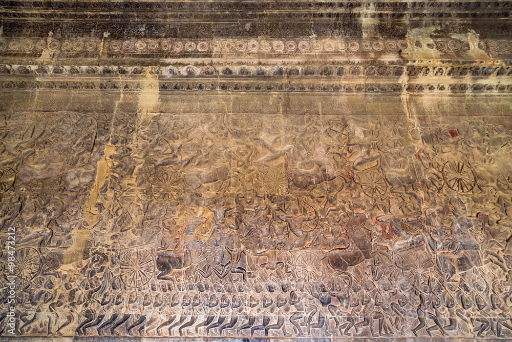 Ancient Khmer bas-relief at Angkor Wat temple, Cambodia Stock Photo ...